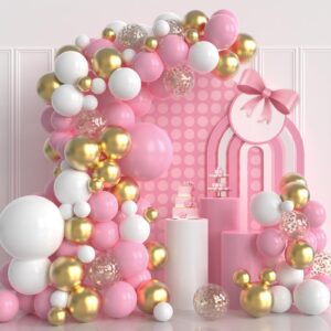 pink and gold balloons garland kit, 124pcs pink white gold confetti metallic latex balloons arch for girls baby shower, birthday, wedding decorations