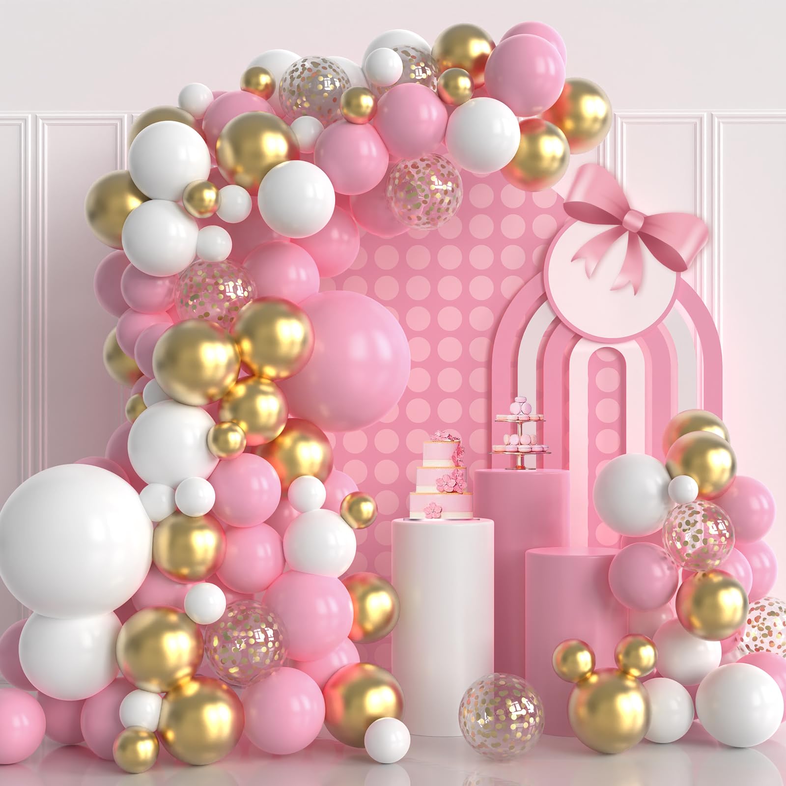 Pink and Gold Balloons Garland Kit, 124pcs Pink White Gold Confetti Metallic Latex Balloons Arch for Girls Baby Shower, Birthday, Wedding Decorations