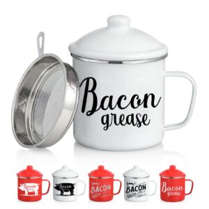 vitever 46oz large bacon grease saver with fine mesh strainer & handle - enamel oil keeper container, bacon fat dripping can - farmhouse kitchen gift & decor cooking accessories - white, style 3