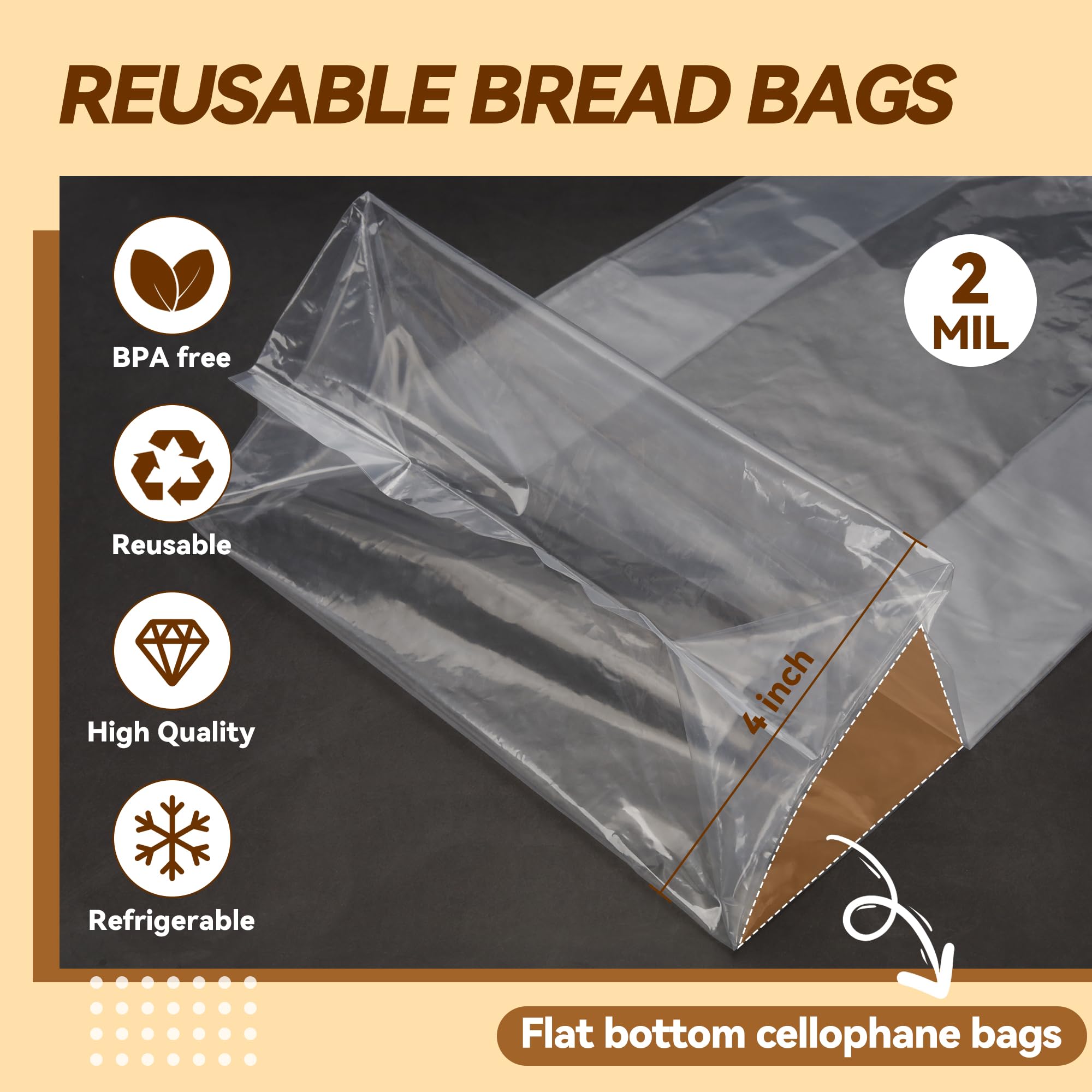 NPLUX Bread Bags for Homemade - Clear Cellophane Bags Plastic Treat Bags with Ties for Airtight Storage of Baked Goods（100PACK, 8x8x14in)