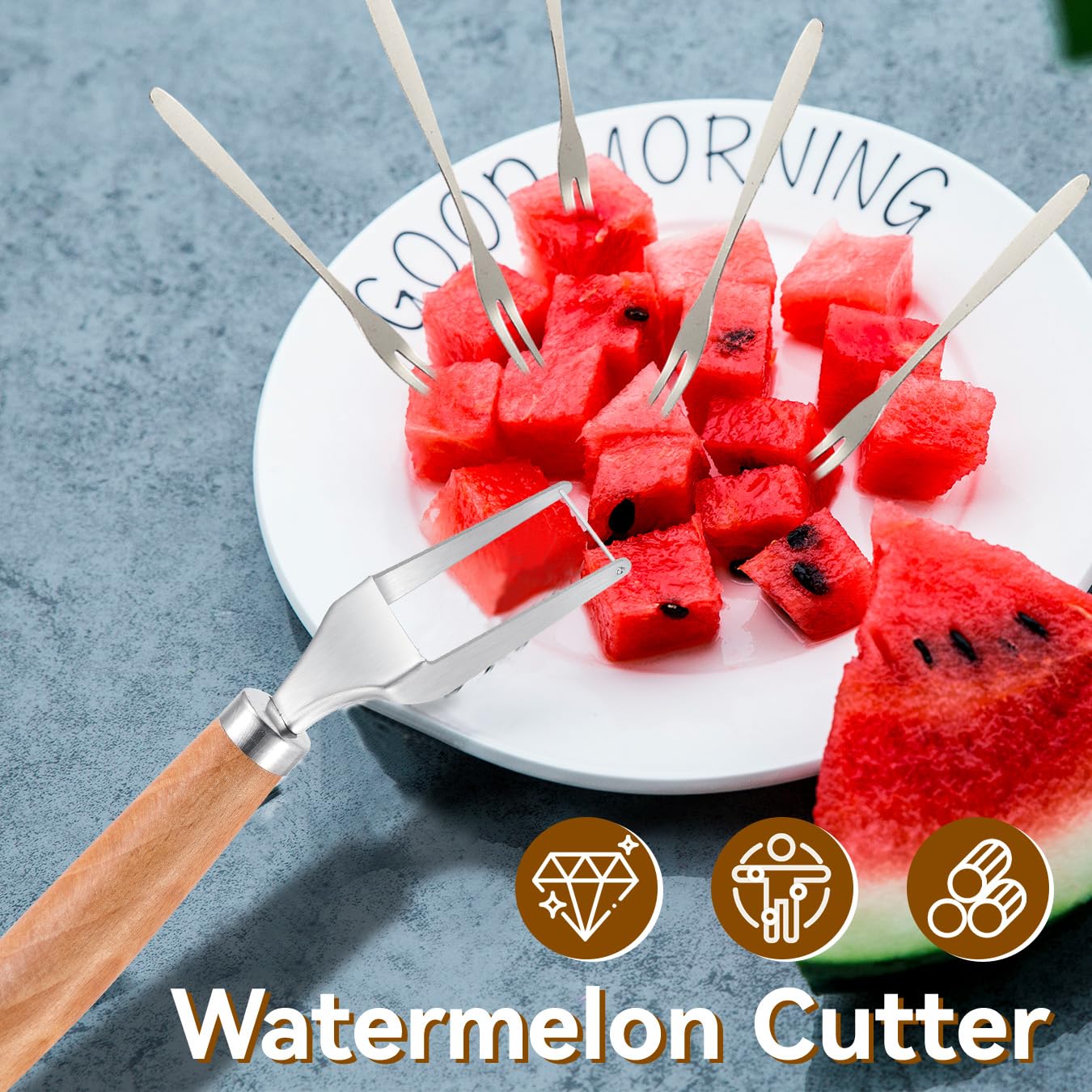 Watermelon Slicer Cuts Watermelons into Cubes, Stainless Steel Melon Cutter with Wooden Handle, Watermelon Cutting Tool Fruit Cutter with 5 Fruit Forks