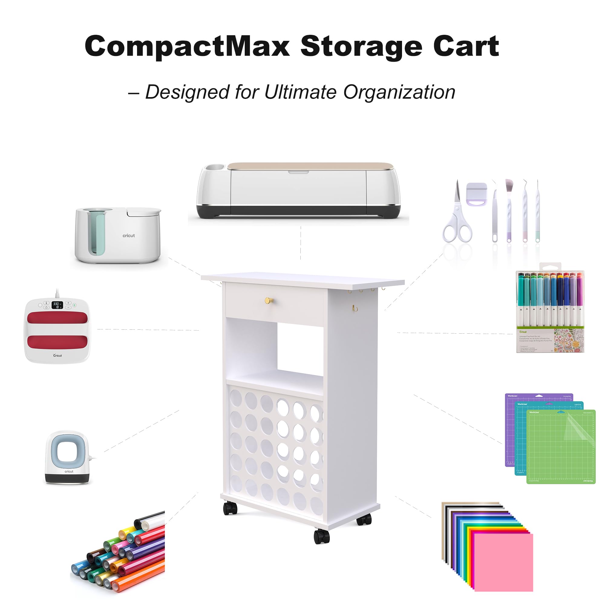 Craft Organization and Storage Rolling Cart Compatible with All Cricut Machines, Craft Table with 30 Vinyl Roll Holders,Craft Cart with Storage for Craft Room Home