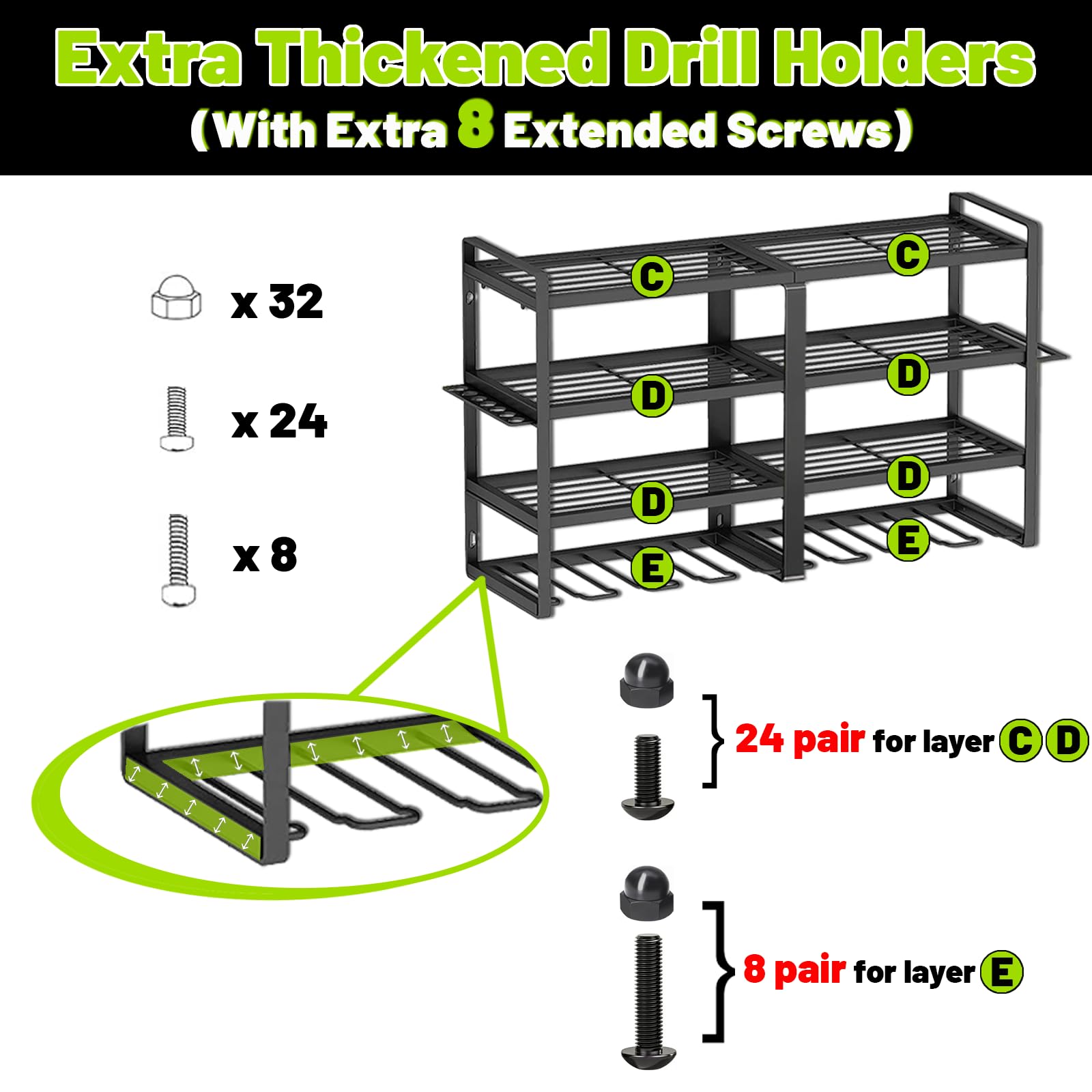 Power Tool Organizer Wall Mount,8 Drill Holder Wall Mount,4-Layer Garage Tool Organizer Wall Mount,Heavy Duty Power Tool Rack,Cordless Tool Organizer with Screwdriver Holder/Hammer Holder/Plier Holder