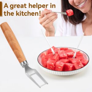 Watermelon Slicer Cuts Watermelons into Cubes, Stainless Steel Melon Cutter with Wooden Handle, Watermelon Cutting Tool Fruit Cutter with 5 Fruit Forks