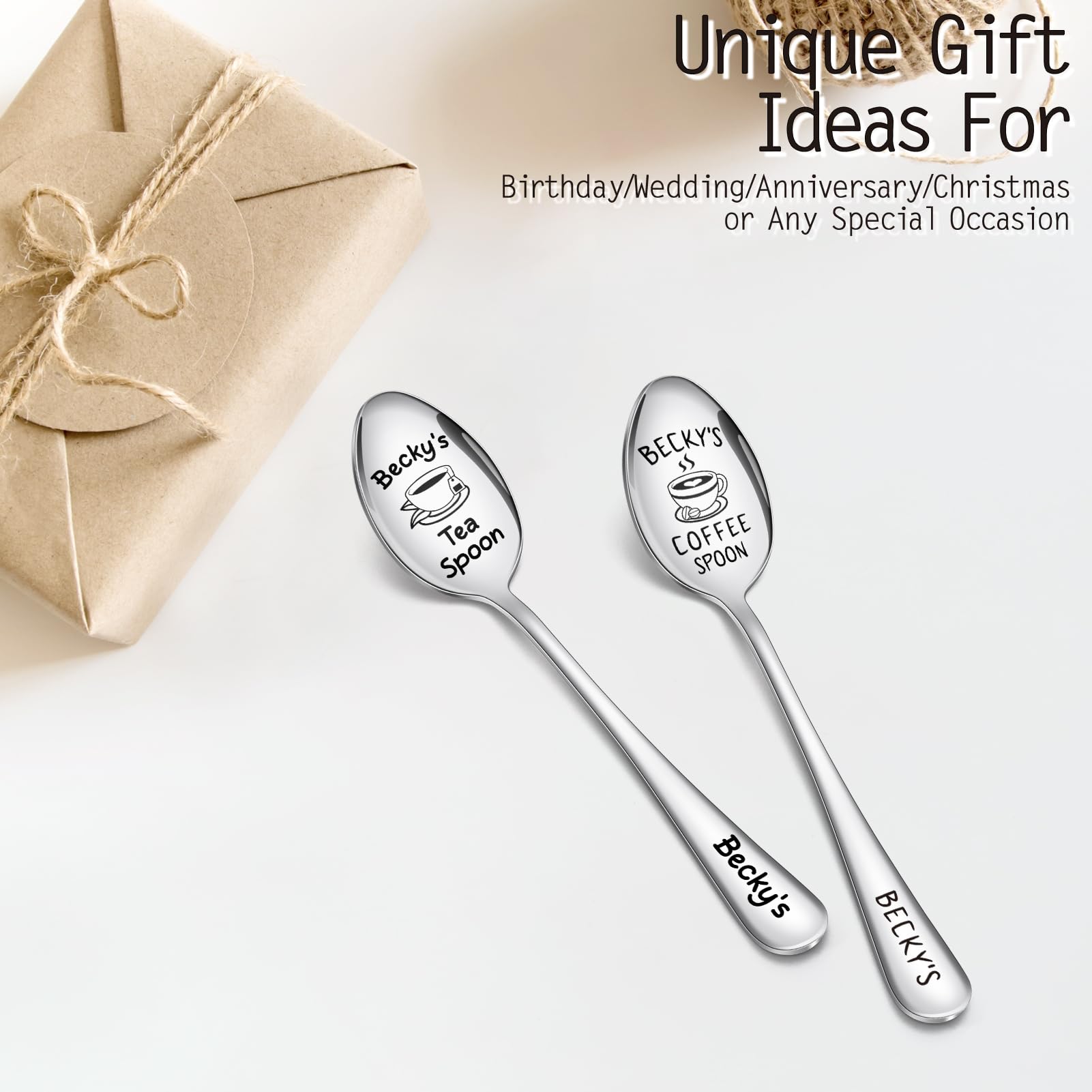 Angirlish Personalized Coffee Spoons, Engraved Name Stainless Steel Spoons, Coffee Tea Lover Gifts for Husband Wife Couple, Birthday Anniversary Christmas Gifts, Mirror Finished & Dishwasher Safe