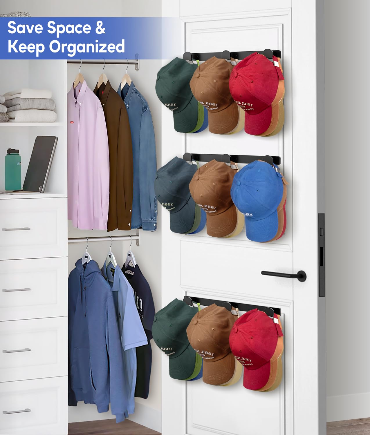 KIMBORA 4 Packs Hat Rack for Wall, Hat Organizer for Baseball Caps Holds 36 Hats, 3 Mounting Options Hat Hook Hanger, Strong Baseball Hat Holder Storage, Hat Display for Door, Room, Closet (Black)