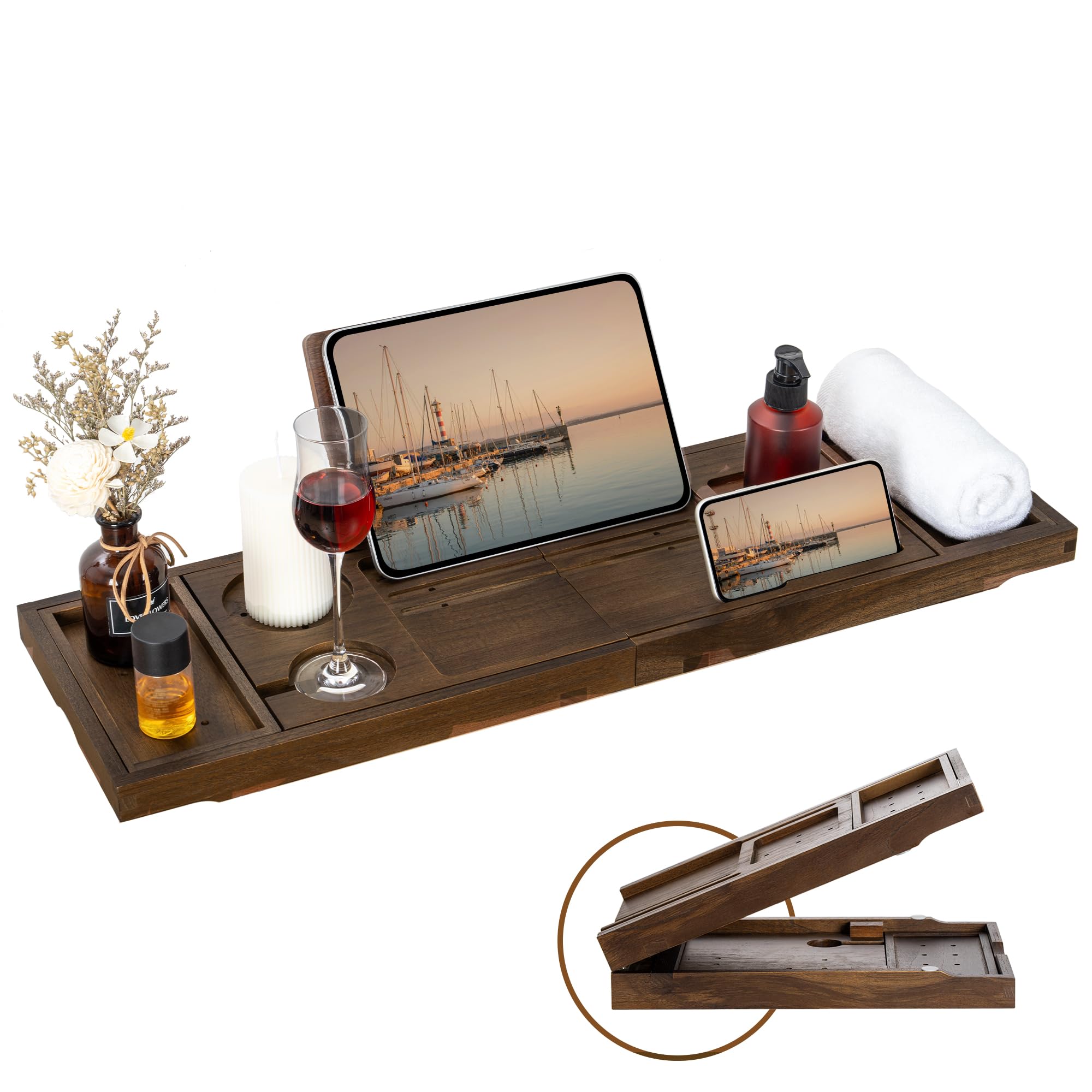 Teak Bathtub Tray - Luxury Bath Tray with Expandable Handles, Wine Glass and Phone Holders, Book Stand - Perfect for Home Spa Relaxation and Reading - Natural Bath Accessories