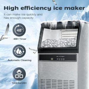 Antarctic Star Commercial Ice Maker, Cubic Ice Machine with Self-Cleaning Function, 100Lbs/24 H, LED Display, 30 Lbs Ice Storage Bin, 48 H Timer Setting, Freestanding Party/Bar/Restaurant