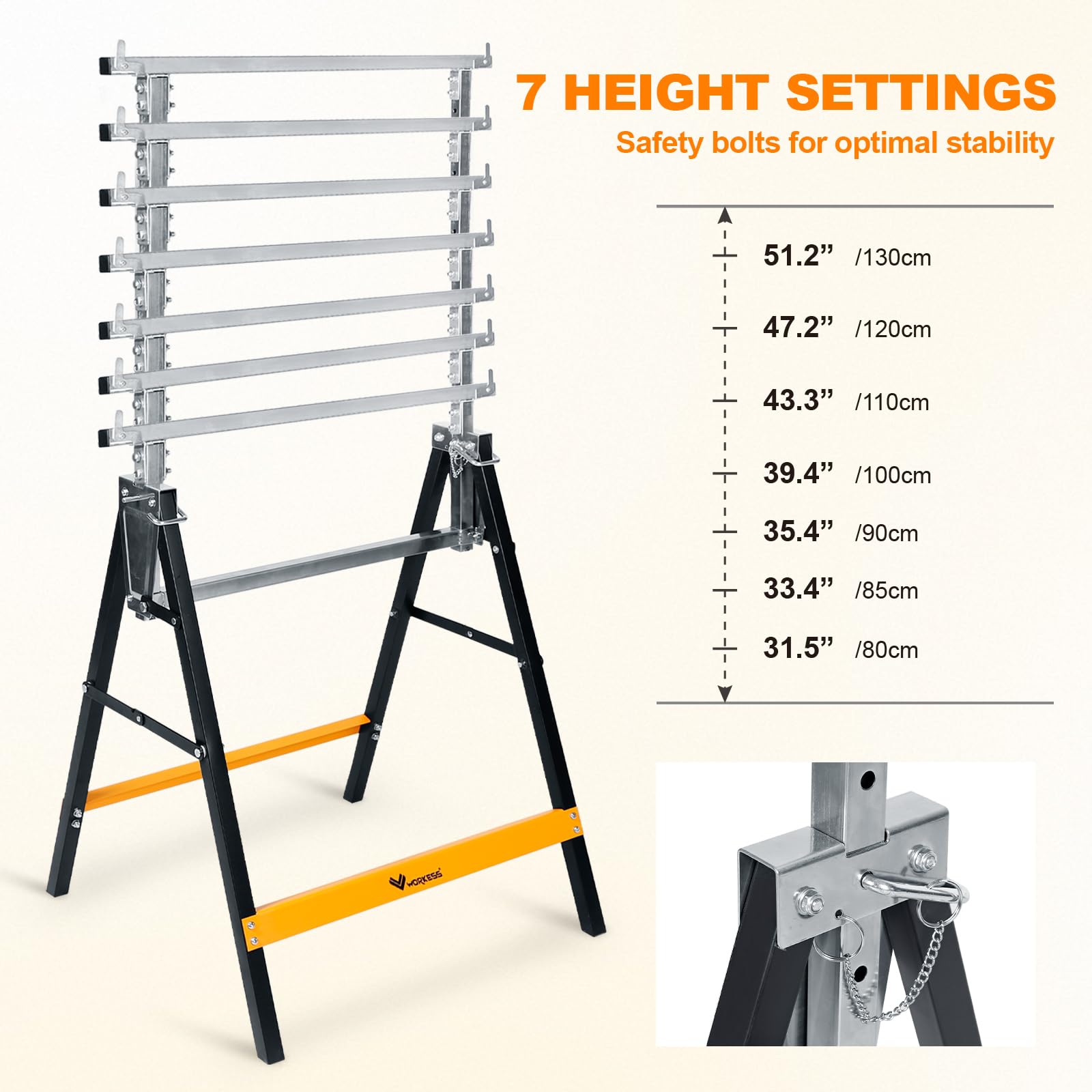 WORKESS Metal Saw Horses 2 pack Folding Heavy Duty 880 lbs Load Capacity Saw Horse Adjustable 7 Level Height for Woodworking