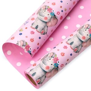 ribbli reversible baby girl wrapping paper blue elephant with pink polk dots paper for baby shower kids birthday party - 17inch x 394inch(33feet)