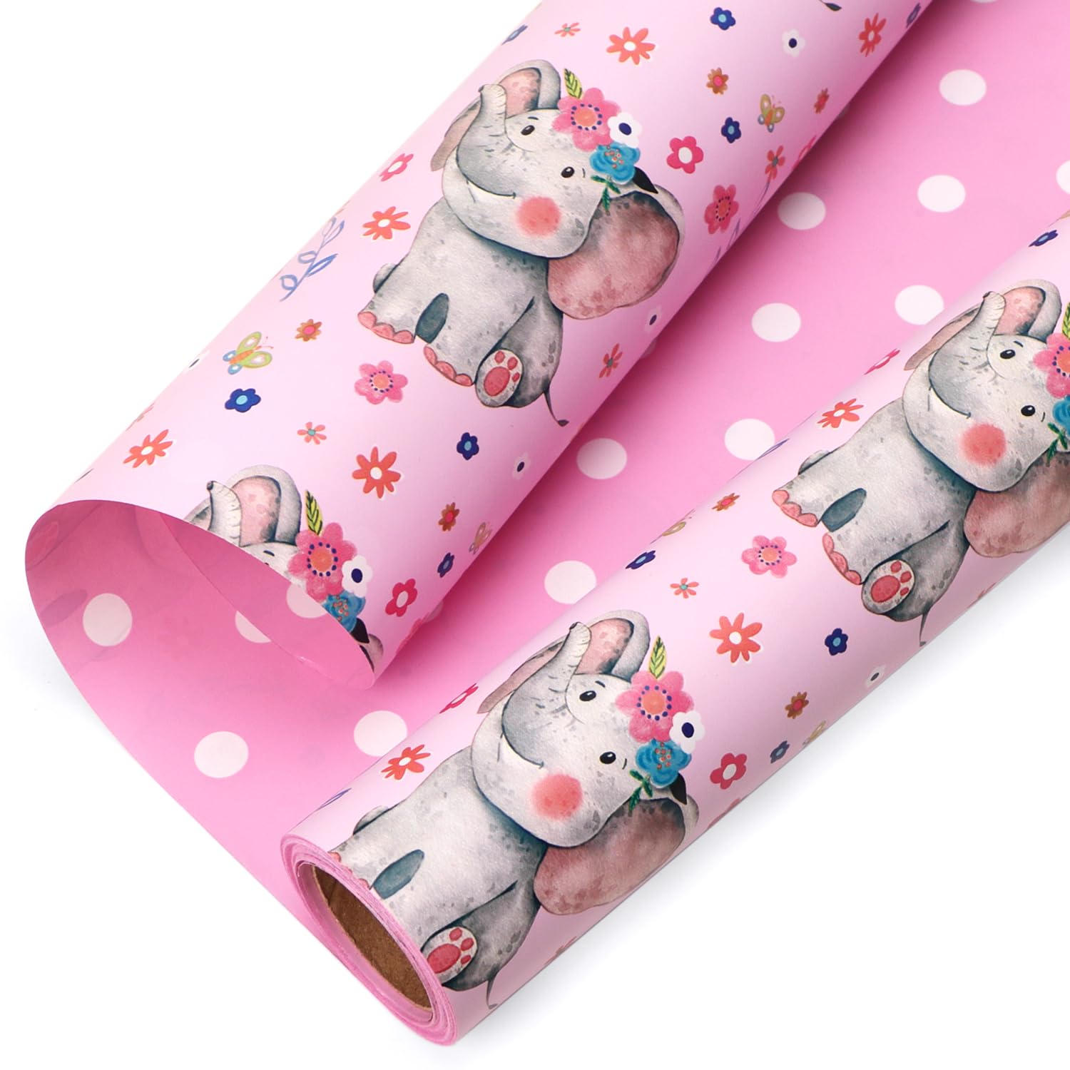 Ribbli Reversible Baby Girl Wrapping Paper Blue Elephant with Pink Polk Dots Paper for Baby Shower Kids Birthday Party - 17Inch x 394Inch(33Feet)