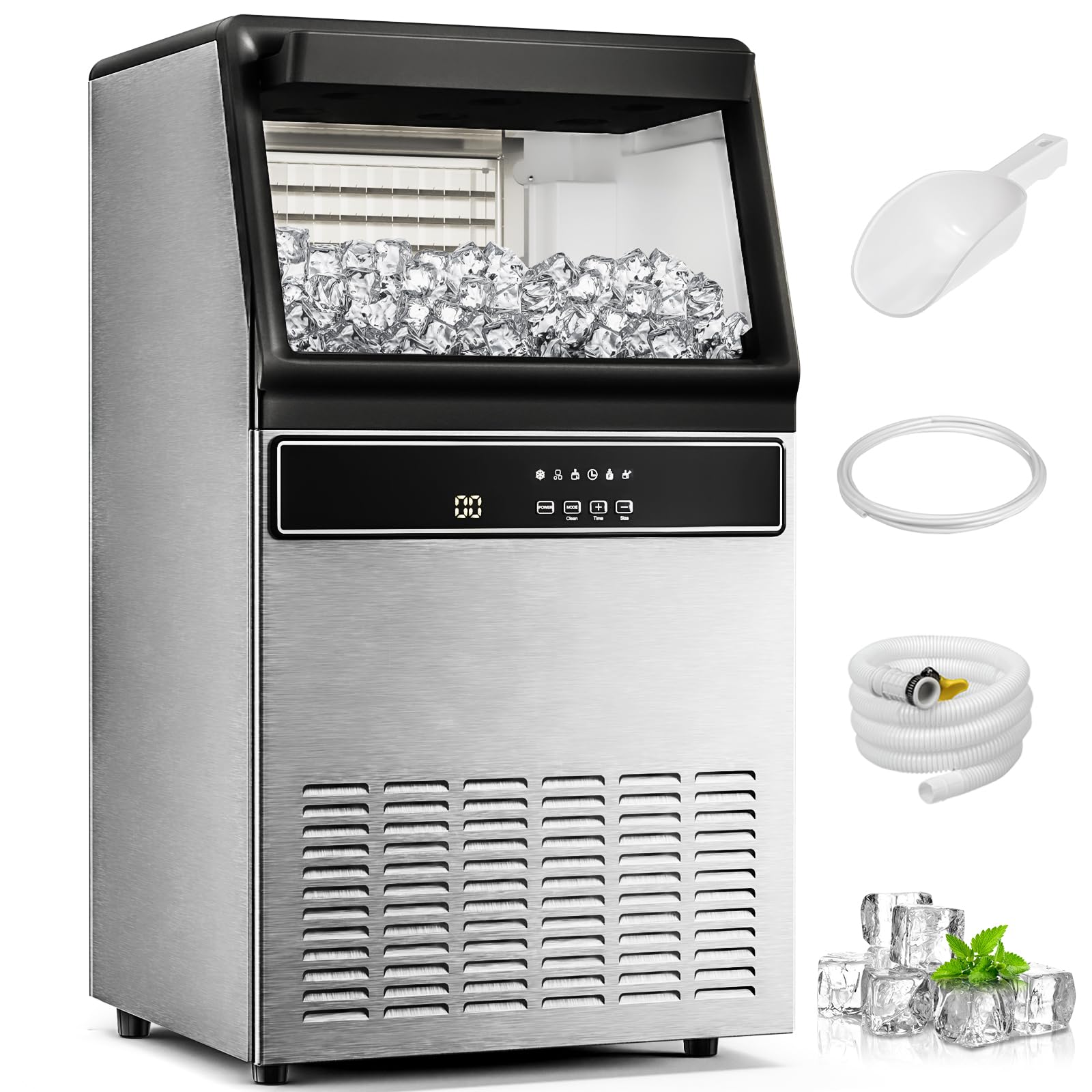 Antarctic Star Commercial Ice Maker, Cubic Ice Machine with Self-Cleaning Function, 100Lbs/24 H, LED Display, 30 Lbs Ice Storage Bin, 48 H Timer Setting, Freestanding Party/Bar/Restaurant