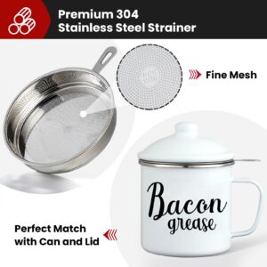 VITEVER 46OZ LARGE Bacon Grease Saver with Fine Mesh Strainer & Handle - Enamel Oil Keeper Container, Bacon Fat Dripping Can - Farmhouse Kitchen Gift & Decor Cooking Accessories - White, Style 3