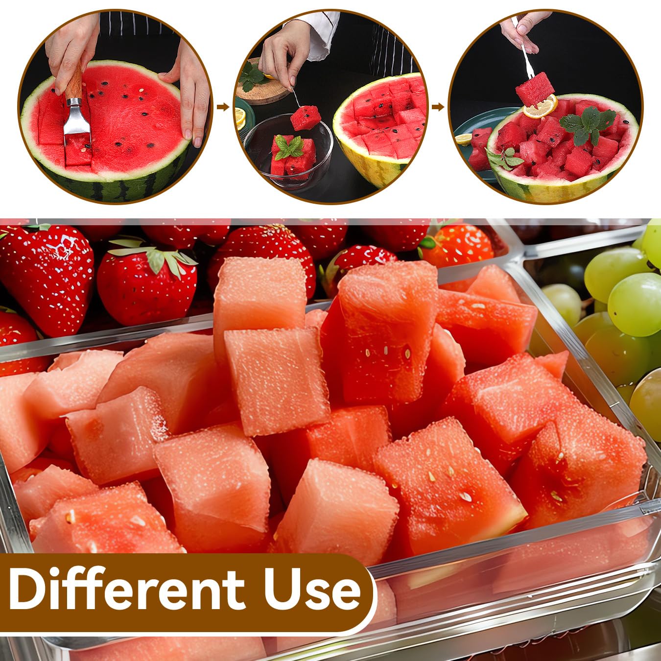 Watermelon Slicer Cuts Watermelons into Cubes, Stainless Steel Melon Cutter with Wooden Handle, Watermelon Cutting Tool Fruit Cutter with 5 Fruit Forks