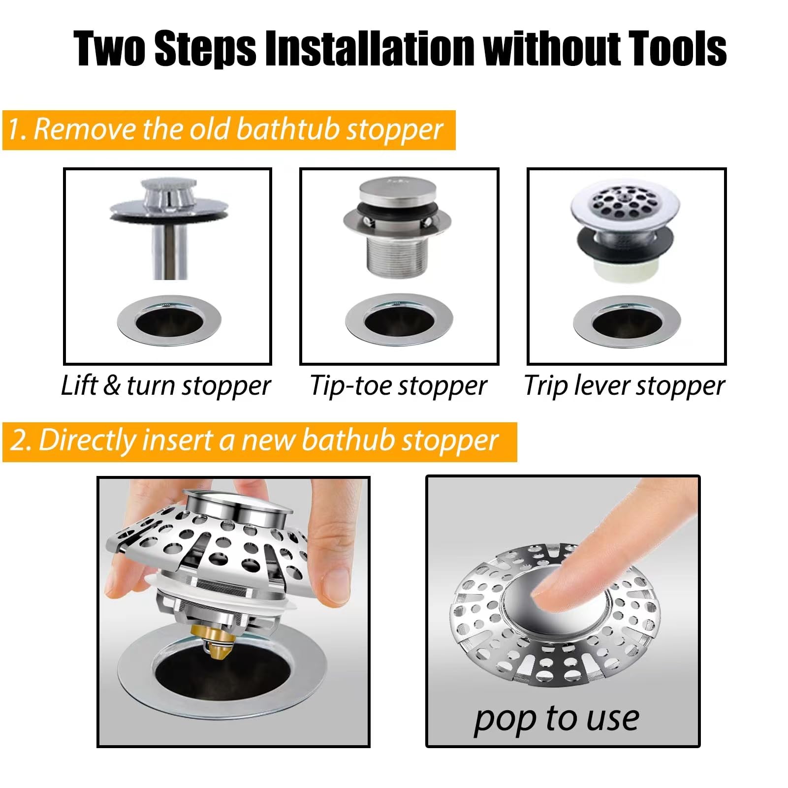 Anlige 1 PCS Tub Stopper with Drain Hair Catcher and 1 PCS Bathtub Drain Stopper, Pop Up Bath Tub Plug and Cover with Strainer, Universal for 1.5 to 2in Tub Drain Hole