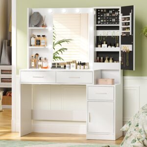 usikey vanity desk with mirror and lights, makeup vanity, vanity with jewelry storage, makeup vantity desk with 3 drawers, for women, girls, bedroom, white