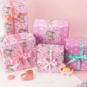 Ribbli Reversible Baby Girl Wrapping Paper Blue Elephant with Pink Polk Dots Paper for Baby Shower Kids Birthday Party - 17Inch x 394Inch(33Feet)