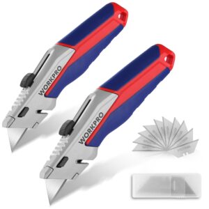 workpro retractable utility knife set, 2-pack quick-change box cutter with twine cutter, heavy duty aluminum razor knife with comfortable handle, 10 extra blades included