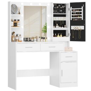 usikey Vanity Desk with Mirror and Lights, Makeup Vanity, Vanity with Jewelry Storage, Makeup Vantity Desk with 3 Drawers, for Women, Girls, Bedroom, White