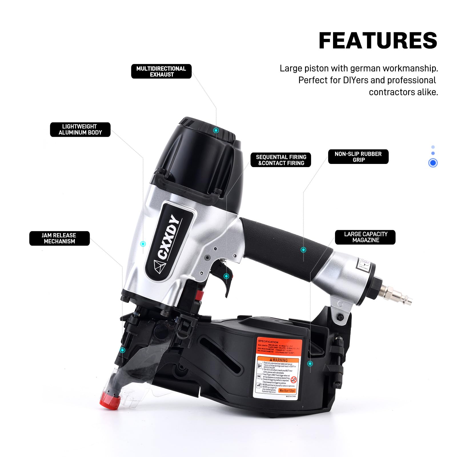 CXXDY Siding Nail Gun 15 Degree 1-1/4" to 2-1/2" Pneumatic Coil Siding Nailer for Siding, Framing, and Fencing - Professional-Grade Performance for Contractors and DIY