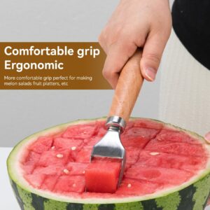 Watermelon Slicer Cuts Watermelons into Cubes, Stainless Steel Melon Cutter with Wooden Handle, Watermelon Cutting Tool Fruit Cutter with 5 Fruit Forks