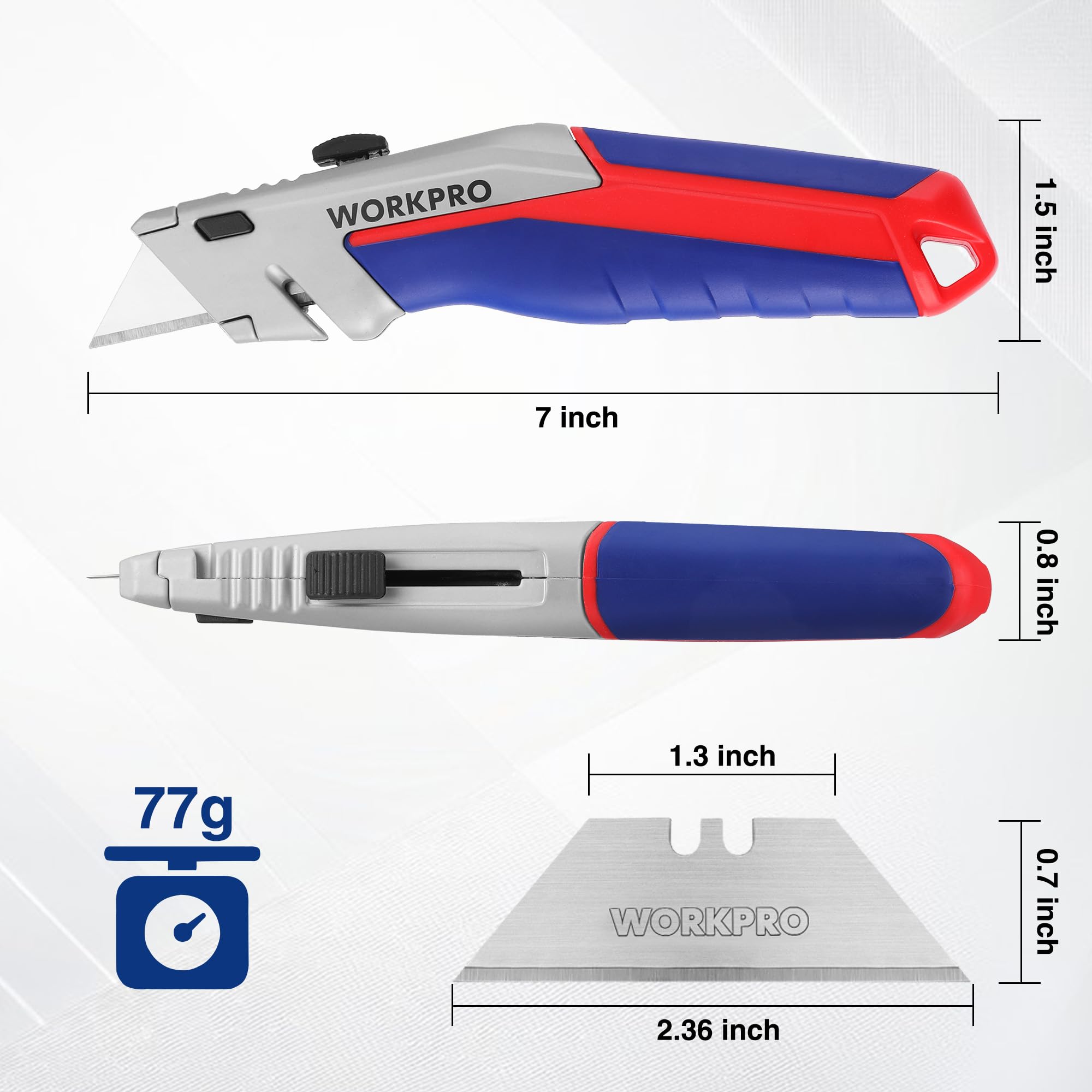 WORKPRO Retractable Utility Knife Set, 2-pack Quick-Change Box Cutter with Twine Cutter, Heavy Duty Aluminum Razor Knife with Comfortable Handle, 10 Extra Blades Included