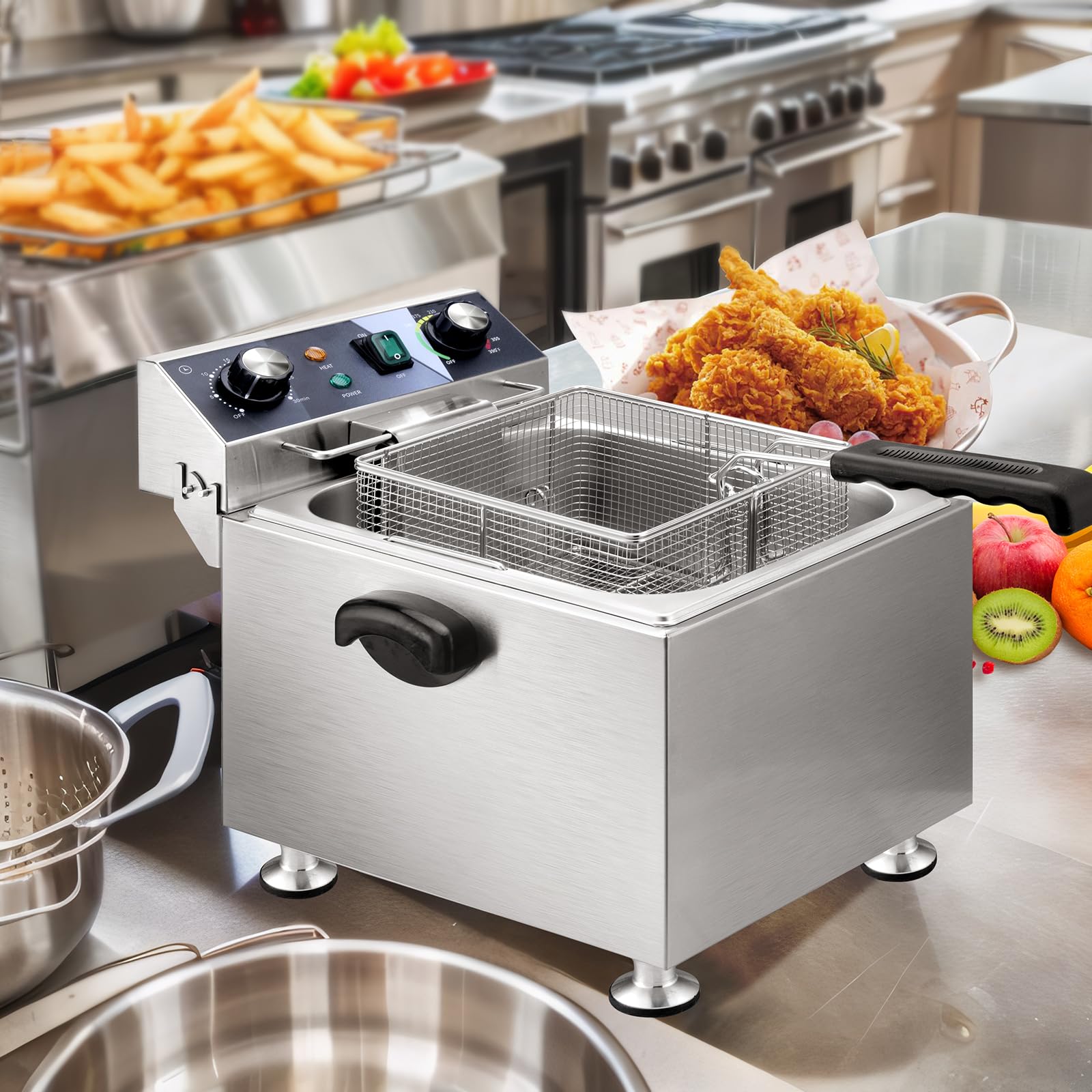 WaterElfo Electric Deep Fryer - 13L 13.7QT Commercial Deep Fryer 1800W 120V18.7Pounds withTroperature Control and Timer Large Basket Fryer for Commercial and Domestic Kitchens