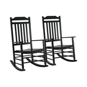 lokatse home outdoor rocking chair set of 2 oversized wooden porch rocker with 300 lbs weight capacity, high back smooth for backyard, lawn, garden and deck, black