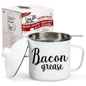 VITEVER 46OZ LARGE Bacon Grease Saver with Fine Mesh Strainer & Handle - Enamel Oil Keeper Container, Bacon Fat Dripping Can - Farmhouse Kitchen Gift & Decor Cooking Accessories - White, Style 3