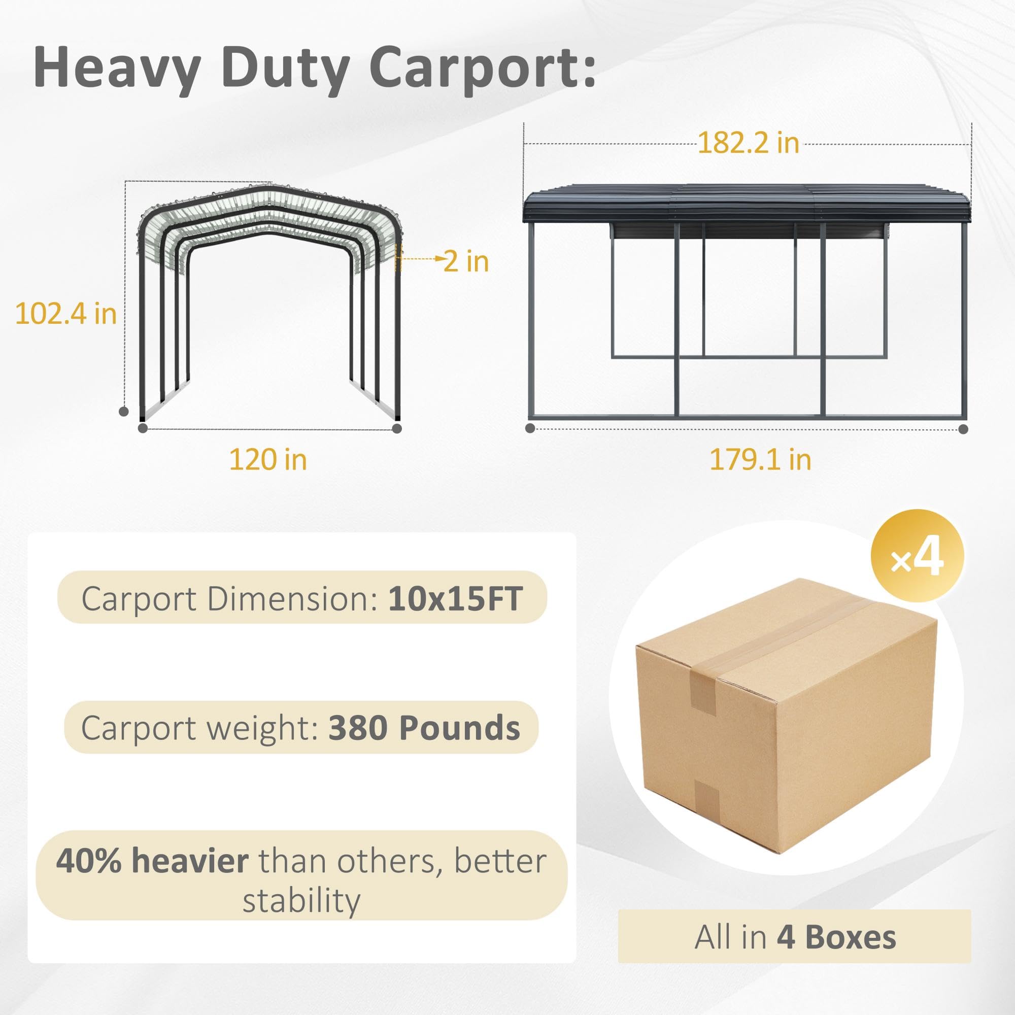 MUPATER 10' x 15' Heavy Duty Metal Carport Kit for Outdoor, Garage Car Shelter Shade with Metal Roof, Frame & Bolts for Car, Truck, Grey