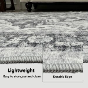 NANPIPER Washable Area Rug, 5x7 Rug for Living Room with Non-Slip Backing, Ultra-Thin Vintage Carpet, Non-Shedding Distressed Rug for Bedroom,Dinning Room(5'x7', Light Grey)