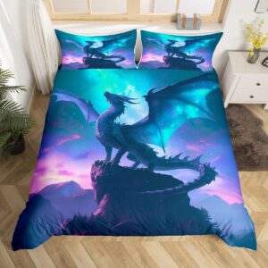 dragon duvet cover set queen size,blue purple nebula galaxy bedding set kids boys girls room decor,mountain wildlife nature comforter cover 3pcs,western magical dragon bedspreads cover,2 pillowcases