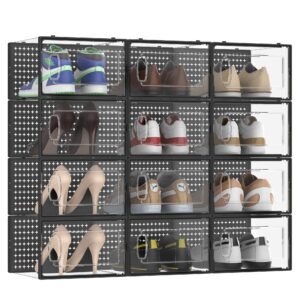 Fkprorjv 12 Pack Large Shoe Storage Box Organizer for Closet, Versatile Clear Plastic Stackable Sneaker Shoe Rack Containers Bins Holders, Portable Closet Organizers and Storage, Black