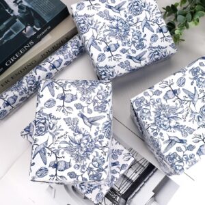 1 Roll Blue Floral Bird Wrapping Paper Mini Roll 17in x 32.8Ft Blue White Flowers Bird Pattern Gift Wrap Paper Vantege Floral Paper for Birthday Wedding Baby Shower Party Wrapping Supplies