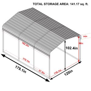 MUPATER 10' x 15' Heavy Duty Metal Carport Kit for Outdoor, Garage Car Shelter Shade with Metal Roof, Frame & Bolts for Car, Truck, Grey