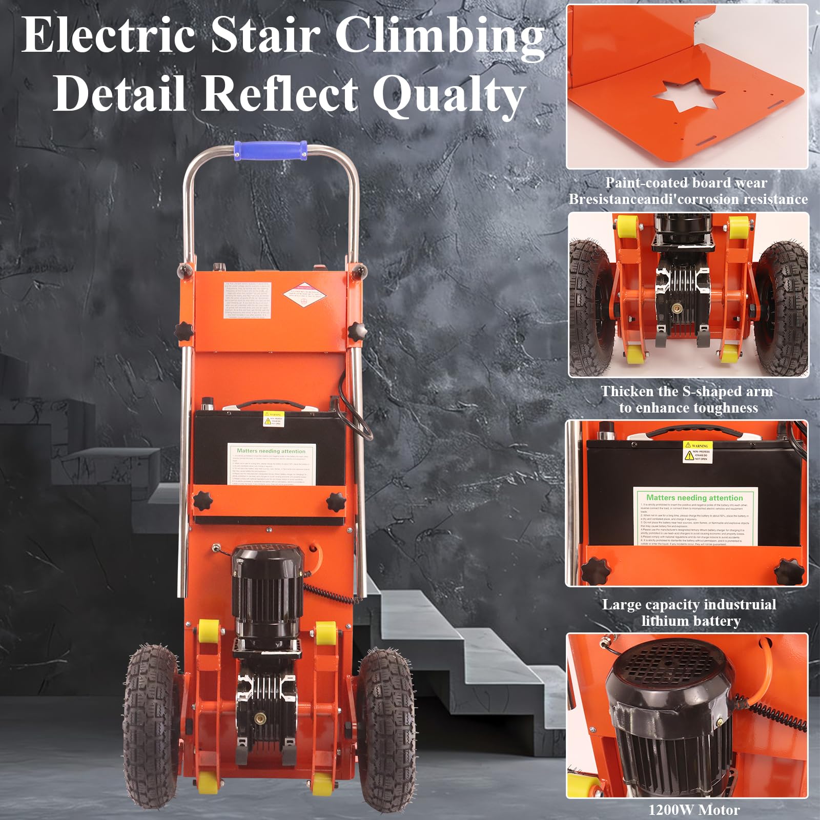 NPLJIKE Electric Stair Climbing Hand Trucks Cart Easy Up/Down with Solid Rubber Tires, 1200 W 880lb Max Load for Moving Warehouse Logistics Distribution 24Ah (Orange)