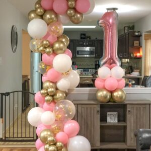 Pink and Gold Balloons Garland Kit, 124pcs Pink White Gold Confetti Metallic Latex Balloons Arch for Girls Baby Shower, Birthday, Wedding Decorations