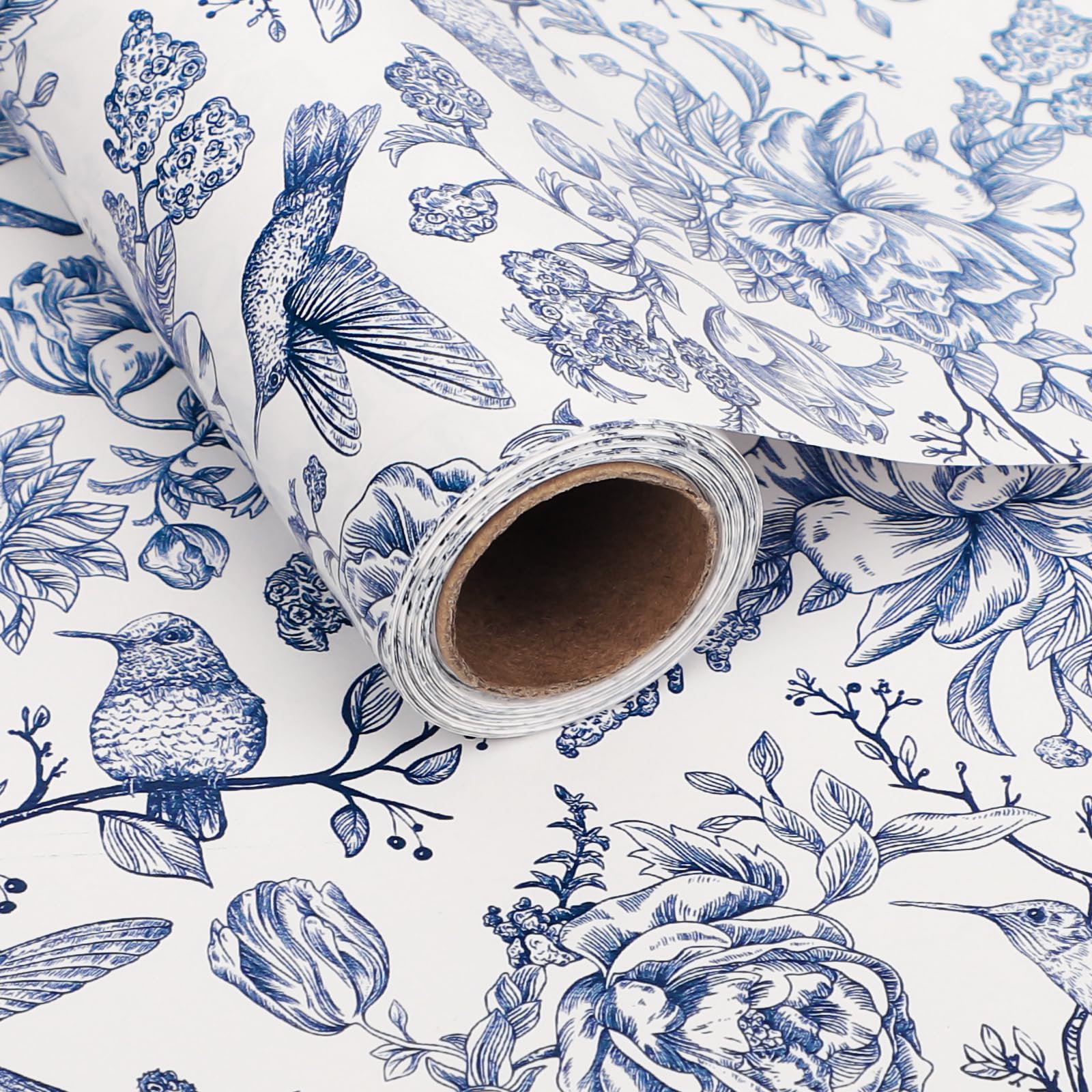 1 Roll Blue Floral Bird Wrapping Paper Mini Roll 17in x 32.8Ft Blue White Flowers Bird Pattern Gift Wrap Paper Vantege Floral Paper for Birthday Wedding Baby Shower Party Wrapping Supplies