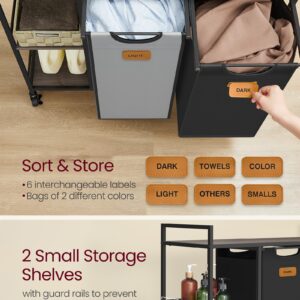 VASAGLE Laundry Hamper with 2 Compartments, 26.4 Gal. (100 L) Laundry Sorter, Rolling Laundry Cart with Shelves, Removable Liners, 6 Labels, Chestnut Brown, Ink Black and Dove Gray UBLH311B02