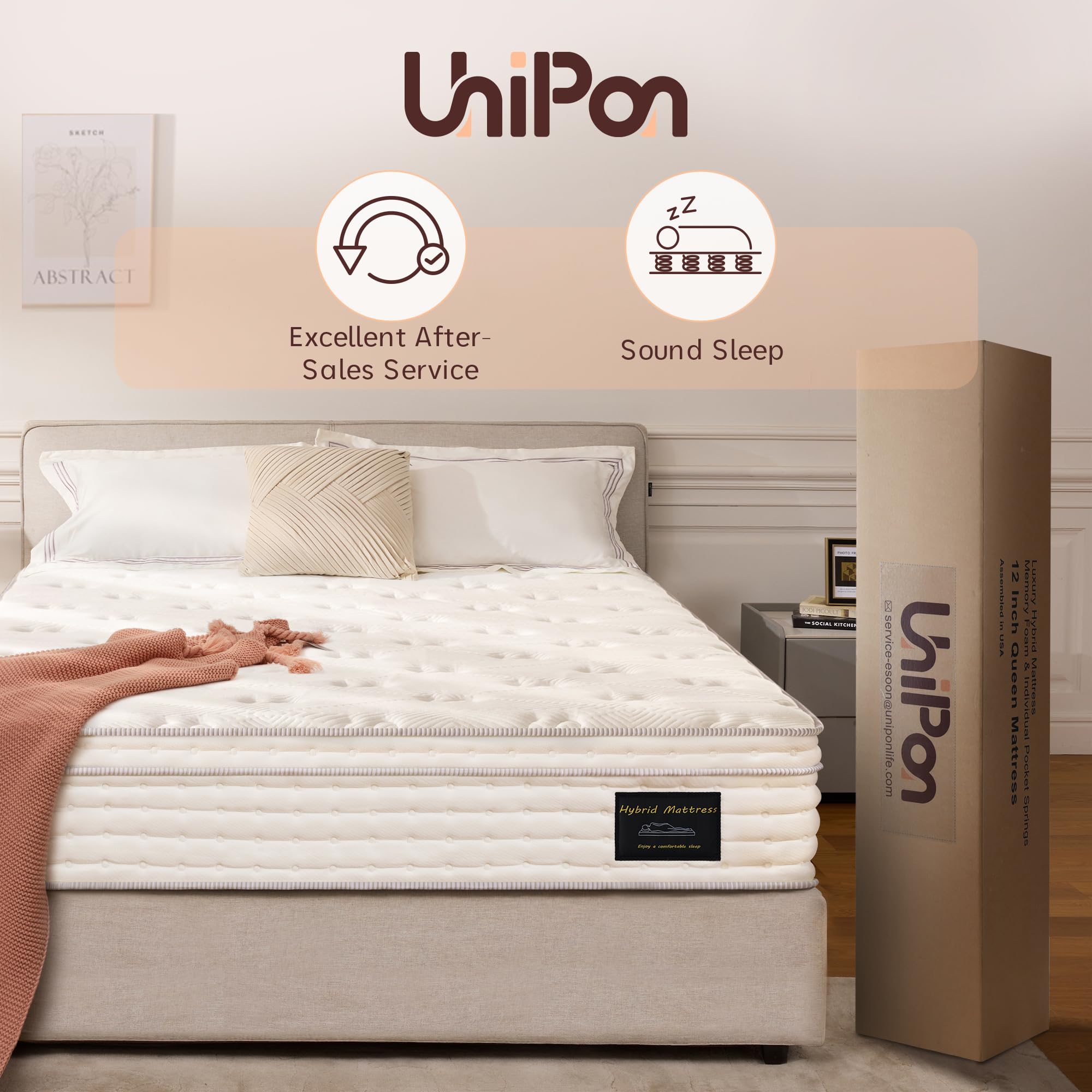 UniPon Queen Size Mattress, 12 Inch Queen Hybrid Mattress with Gel Memory Foam, Bed Mattress Extra Lumbar Support for Pressure Relief