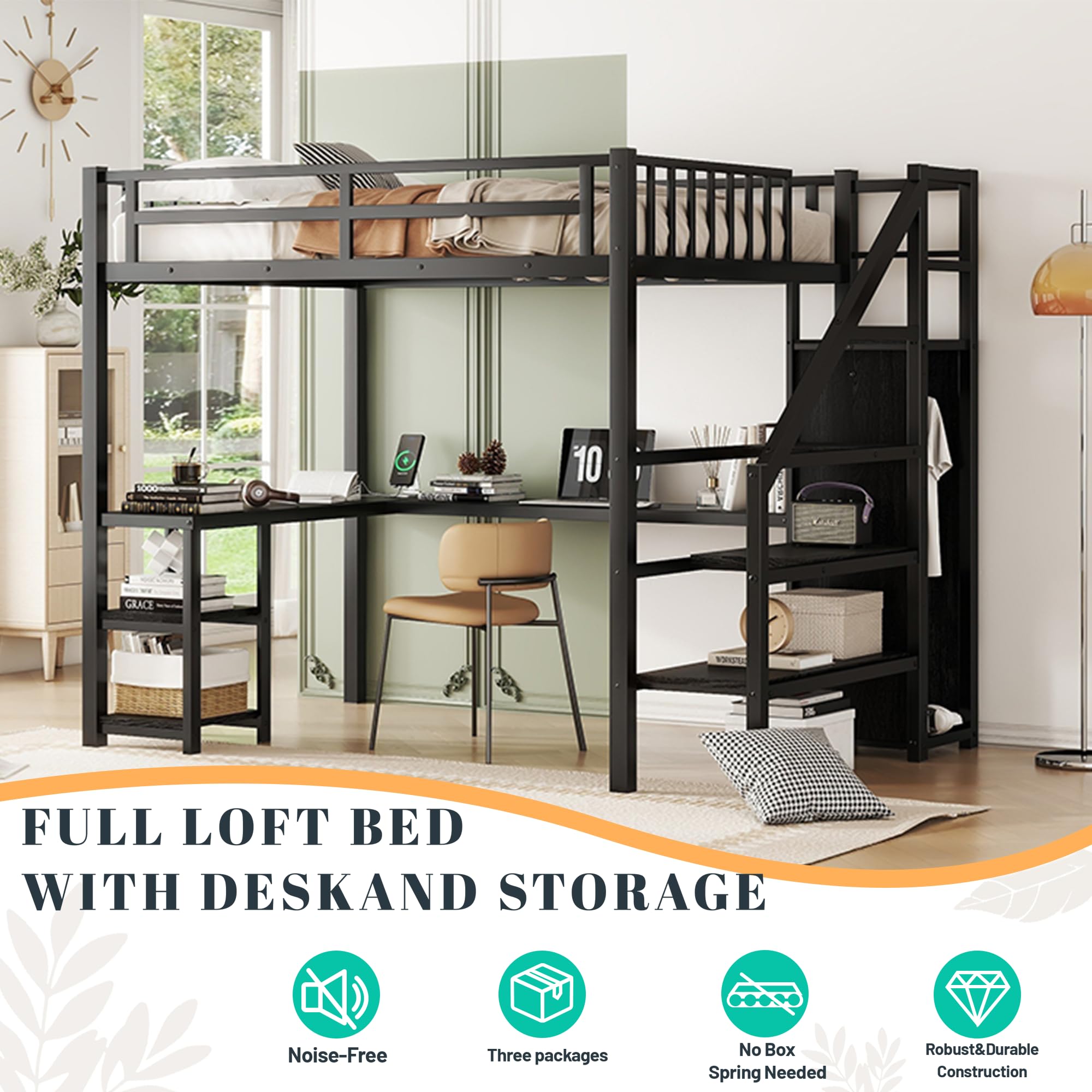 Full Size Loft Bed with Stairs and Desk, Metal Gaming Loft Bed with RGB LED Light, Heavy-duty Steel Loft Bed Frame with Storage Wardrobe, Shelves and Charging Station for Adults Kids Teens, Black