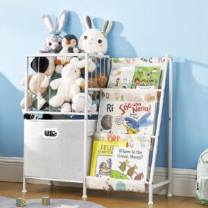 kids bookcase stuffed animal storage, 3 tier kids bookshelf and toy storage organizer with toy box for toddler kids rooms, bedroom, playroom, nursery, montessori baby toddler