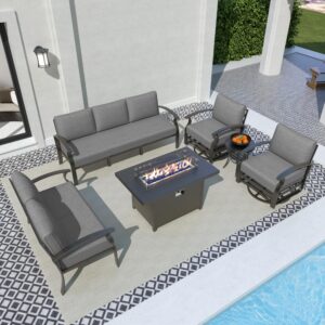 gotland 7-seater outdoor metal patio furniture set with 2 swivel rocking chairs & 55,000 btu gas fire pit table with glass wind guard - patio conversation sectional sofa sets in grey