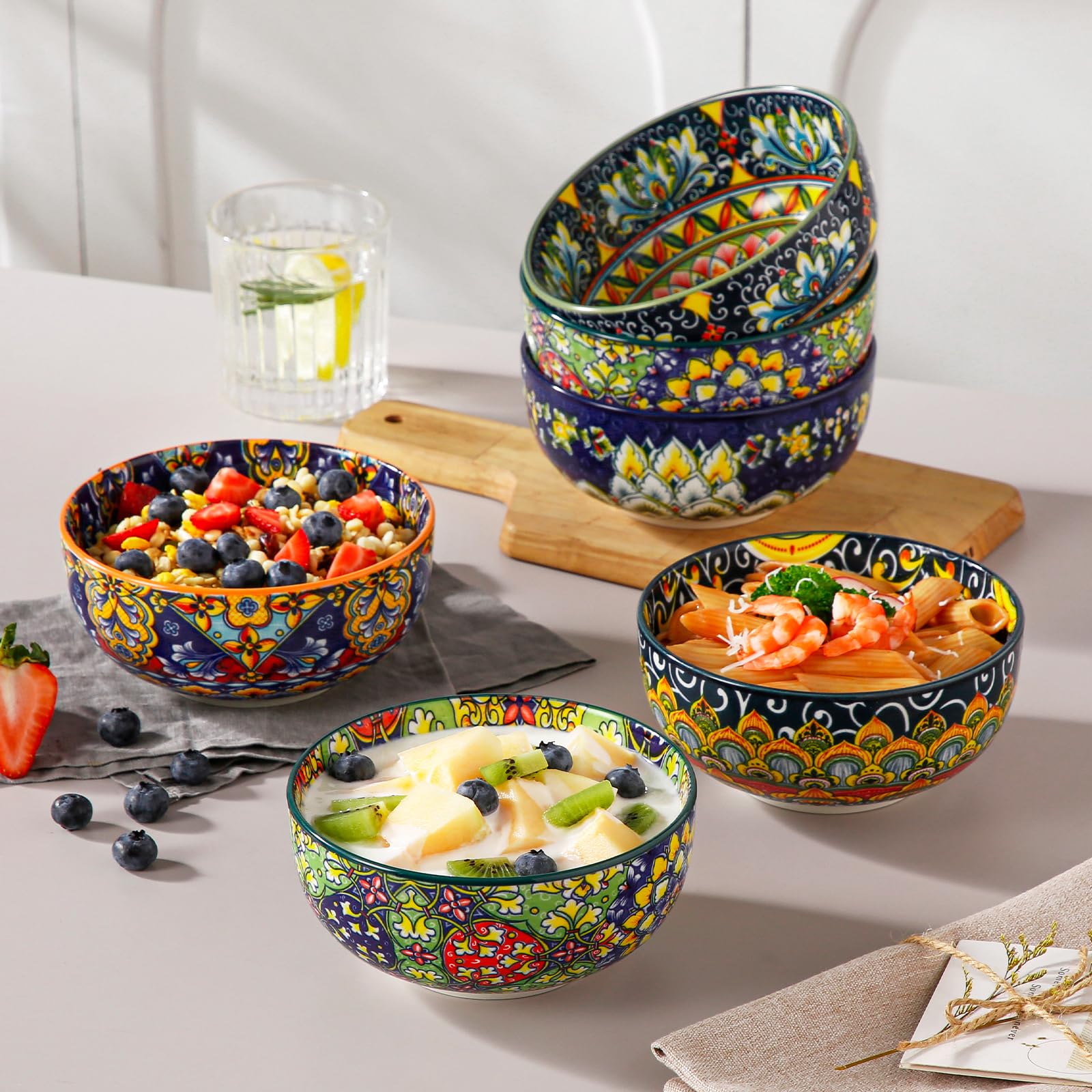 vancasso Cereal Bowls Set of 6, Bohemian Ceramic Soup Bowls, 28 oz Colorful Bowls Set for Kitchen, Dishwasher & Microwave Safe for Salad, Pasta, Rice, Oatmeal, Fruit