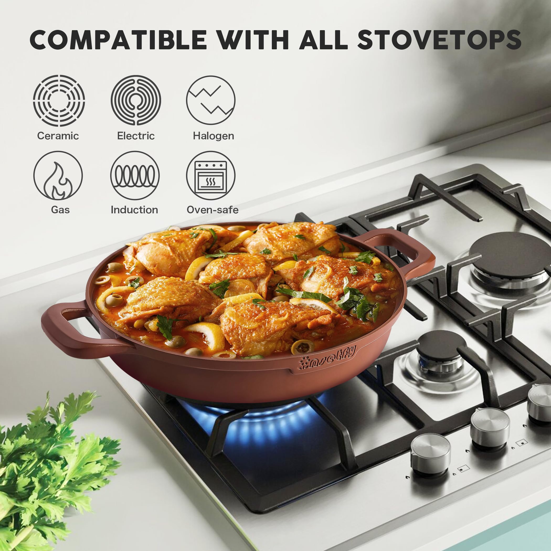 Non-Stick Frying Pan/Skillet 11", 3QT Tagine Pan, Aluminum Pans with Lid, Stove/Oven-to-Table Cookware, Dishwasher Safe& Compatible with All Stovetops（Terracotta）