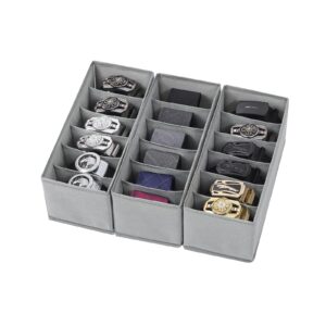 coorganisers 3 packs fabric belt organizer, 6 grids belt organizer for closet and drawer, foldable dresser drawer organizers, tie organizer for men, belt tie holder, belt tie storage organizer-grey