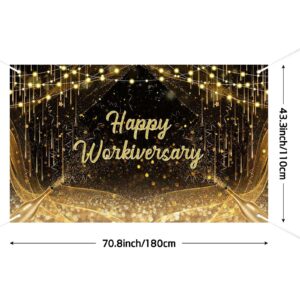 Lofaris Happy Work Anniversary Decorations Black Gold Happy Workiversary Banner Background for Office Party Staff Banner Employee Appreciation Party Decoration 70.8x43.3inch