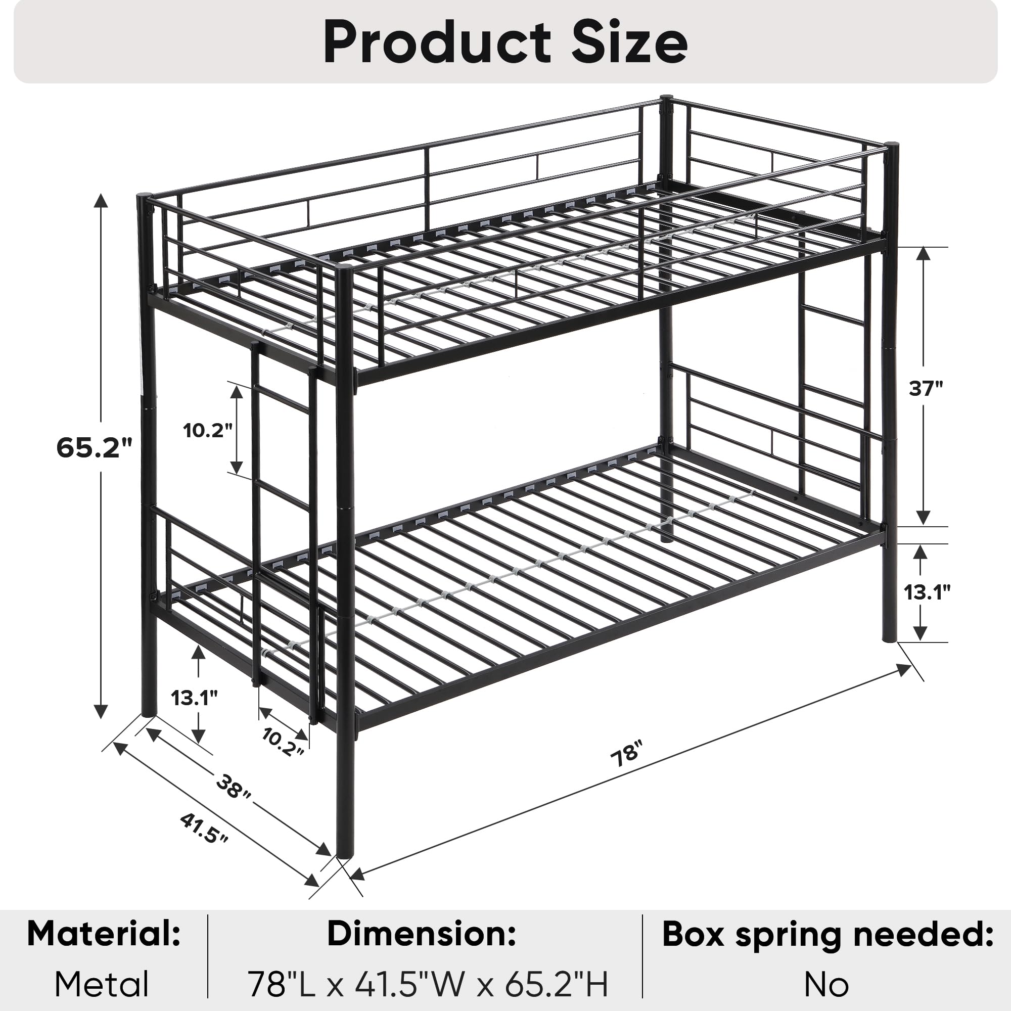 Yehha Metal Bunk Beds for Kids & Youths, Twin Over Twin Bunk Bedframe with 2 Ladders and Full-Length Guardrail, No Box Spring Needed, Noise Free, Convertible 2 Beds, Young Black