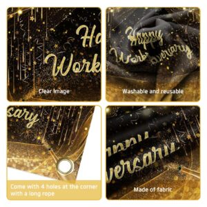 Lofaris Happy Work Anniversary Decorations Black Gold Happy Workiversary Banner Background for Office Party Staff Banner Employee Appreciation Party Decoration 70.8x43.3inch