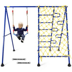 leikefitness swing set for backyard, heavy duty metal swing rack for indoor and outdoor activities, frame metal blue swing set with 1 swing seat, climbing net, and 2 ladders